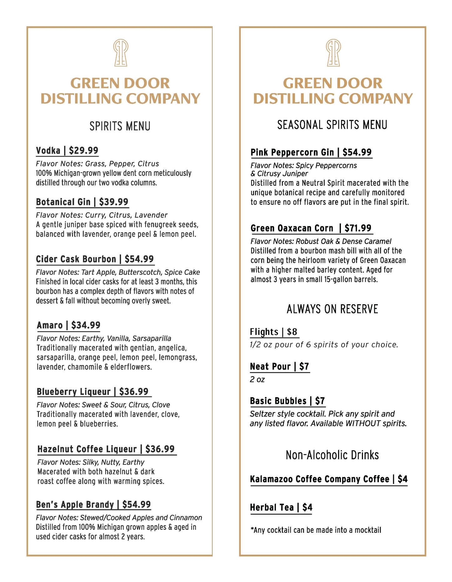 Green Door's Tasting Menu – Green Door Distilling